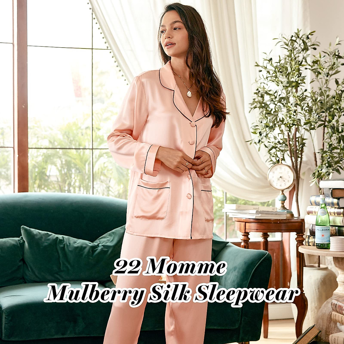 COLD POSH Womens Silk Pajamas Set Slim Fit Long Sleeve Classic Sleepwear Luxury 100% Mulberry Silk Luxury 22 Momme Loungewear,Pink,XL
