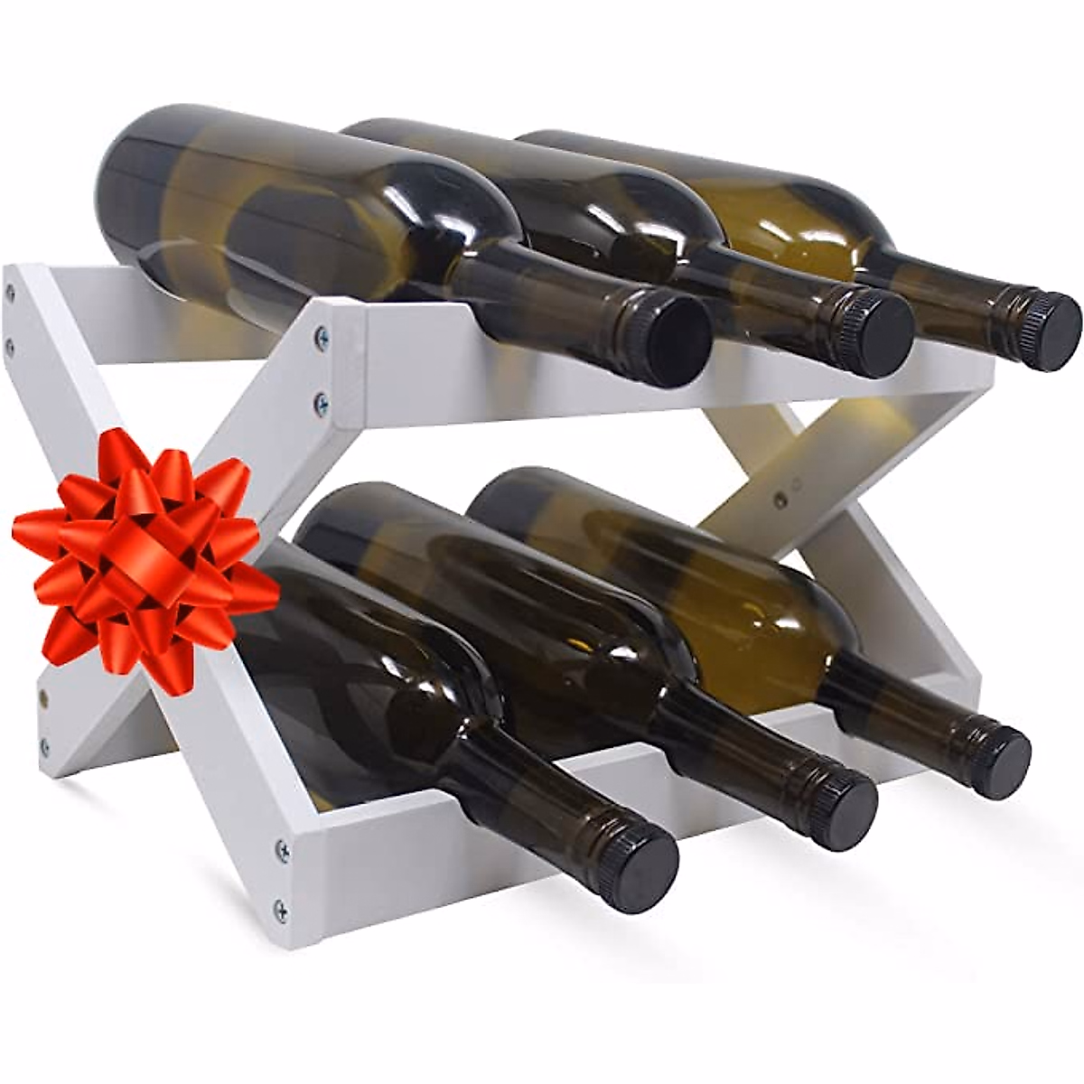 Foldable Bamboo Wine Rack ~ 6 Bottle Wine Holder Stand ~ Countertop Wine Holder for Kitchen, Bar, Cabinets ~ Holds 6 Bottles (White, 1)