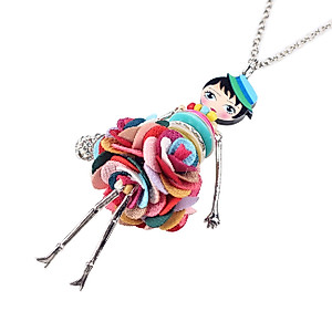 BONSNY Paris Doll Necklace Dress Handmade Pendant News Alloy Metal Crystal Flower Long Chain Fashion Jewelry