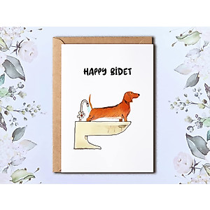NTVShop Happy Bidet Card - Funny Birthday Card - Toilet Pun - Sausage Dog - Funny Dog - Dog Birthday Card - Funny Dachshund Card