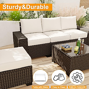 GAOMON 6 Piece Patio Furniture Sets,Outdoor Patio Sofa,Rattan Furniture Set with Glass Table,Wicker Sectional Sofa Conversation Couch,Cushions and Beige Pillows,for Lawn, Garden, Backyard