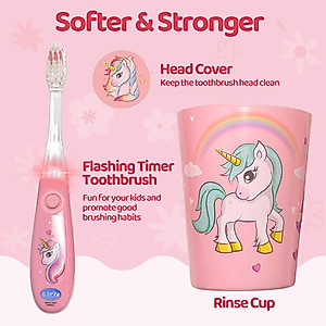 Lily's Home Kids Flashing Timer Toothbrush Kids with Soft Bristles, Rising Cup & Cover - Fun 2-Min Light-Up Brushing for Children - Toddler Toothbrush Soft Toothbrush Kit (Unicorn)