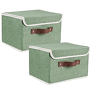 Lucky Monet 2 Pack Linen Fabric Foldable Storage Bin Set Collapsible Storage Box Cube Closet Organizer with Lid & Faux Leather Handle, 10”x8”x7” (Green)