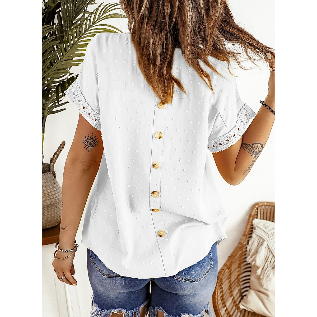 Dokotoo Blouses, Fashion 2025 Summer Crochet Lace Round Neck Short Sleeve Shirts Back Button Down Pom Pom Boho Casual Solid Chiffon Blouse Womens Tops White Large