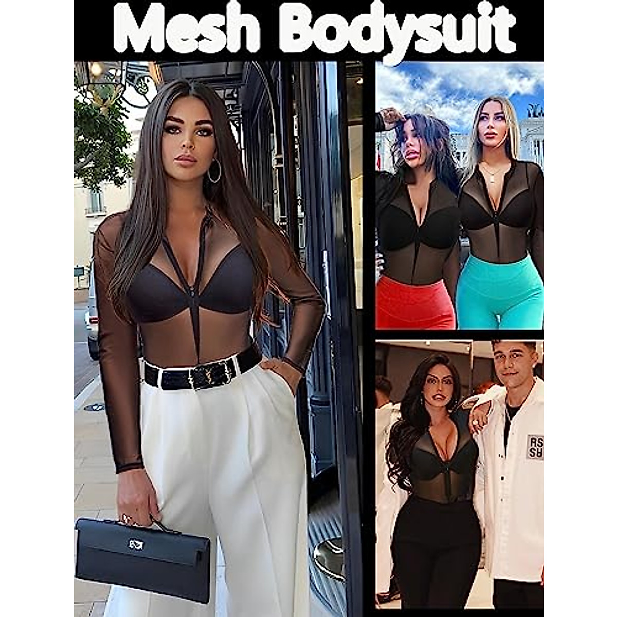 Avidlove Women Long Sleeves Bodysuit Top Sexy Mesh Sheer See Through Zipper Leotard with Snap Crotch Black XXL