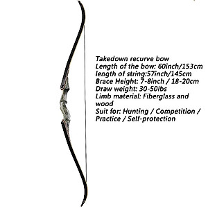 60'' Archery Recurve Bow Takedown Bow Hunting Bow and Arrow Set Adult Target Practice Competition Survival Longbow Right Hand 30-50lbs with 6pcs Fiberglass Arrows (35lbs)