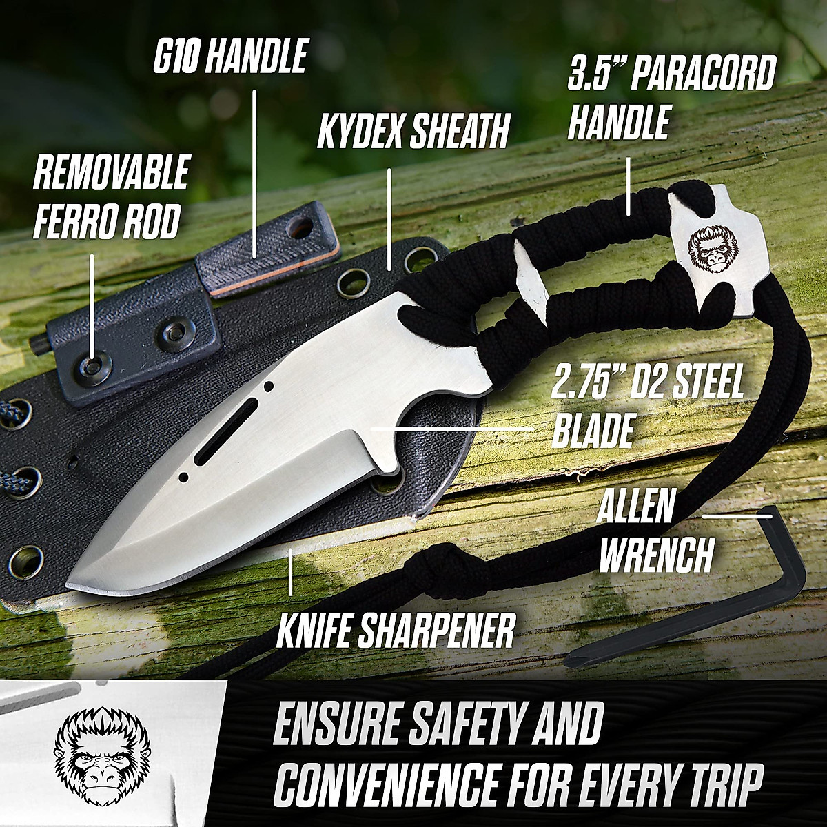 D2 Damascus Steel Survival Knife Gift Set and EDC D2 Paracord Neck Knife Bundle