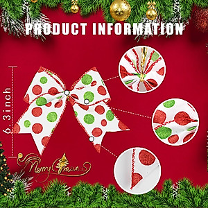 DIYDEC 12pcs Christmas Bows Decoration 6.3 Inch Large Christmas Wreath Bows Red Green Xmas Tree Bows Christmas Glitter Dot Bows Ribbons Ornaments for Garland Wedding Home Holiday Party