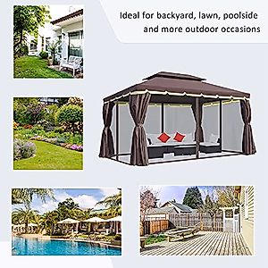 Outsunny 10' x 13' Patio Gazebo, Aluminum Frame Double Roof Outdoor Gazebo Canopy Shelter with Netting & Curtains, for Garden, Lawn, Backyard and Deck, Coffee
