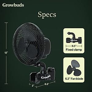 Growbuds 6 Inch Oscillating Clip-On Fan For Grow Tents, Quiet Variable 2-Speed Settings, Humidity-Resistant Motor, Fully Adjustable Sturdy Clip