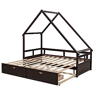 Extending Wood House Bed Daybed with Roof & 2 Drawers for Kids Teen Toddler, Convertible Sofa Bed Captains Bed Frame with Wooden Slats Support for Living Room, Can Convert From Twin To King (Espresso)