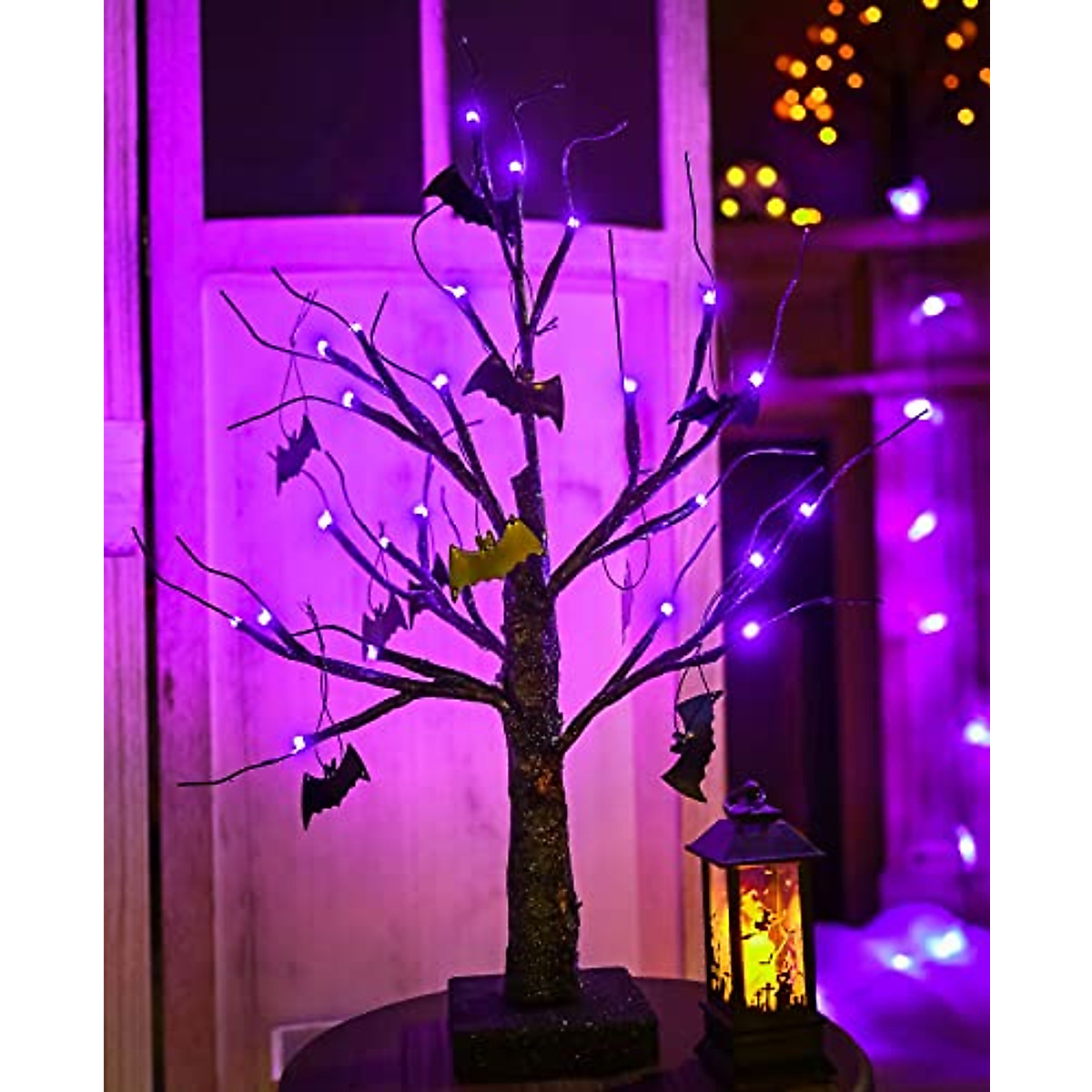 ZHOUDUIDUI Halloween Tree, Black Spooky Tree with 24LED Purple Lights and 10 Bat Ornaments Battery Powered 18IN Lighted Halloween Bonsai Tree for Indoor Tabletop Halloween Party Decoration