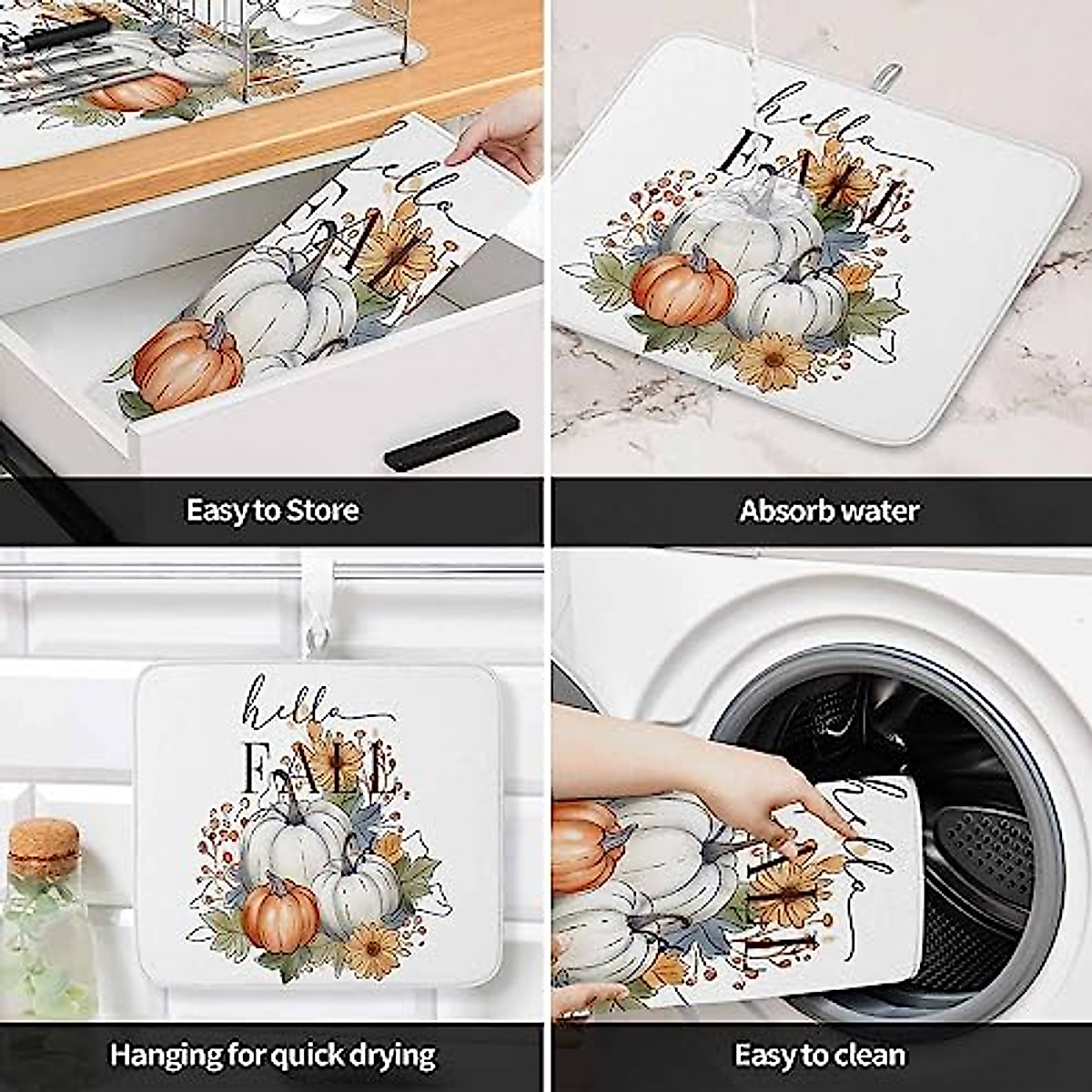 Hello Fall Dish Drying Mat for Kitchen Counter, Thanksgiving Grey Orange Pumpkins Baby Bottle Microfiber Drying Pad, Autumn Sunflower Botanical Absorbent Coffee Cup Dishes Drainer Mats 18"x24", 1 Pcs