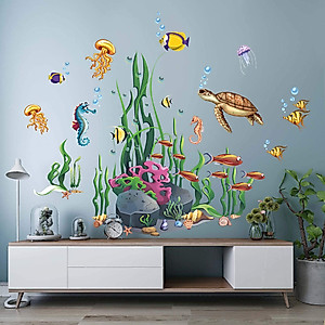 RW-1073 3D Ocean Wall Decals Under The Sea Fish Wall Stickers Ocean Animals Wall Art Decals View Under Sea Removable DIY Stickers for Kids Babys Bedroom Bathroom Living Room Nursery Home Decoration
