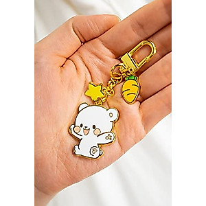 Milkmochabear Milk Enamel Keychain - Mini Clasp All Metal Gold Finish with Two Charms For Handbags Purses Bags Belts Backpacks Men Women Couple Matching