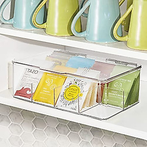 mDesign Plastic Stackable Divided Storage Organizer with Lid for Tea Bags and Coffee Pods in Kitchen Cabinet, Countertop, Ligne Collection, Includes 1 Tea Organizer and 1 Coffee Pod Organizer, Clear