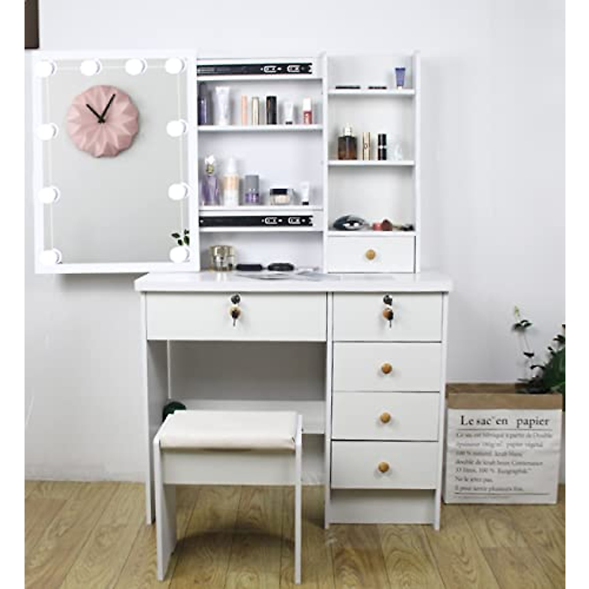 Saicheng White Makeup Vanity Set with Sliding Lighted Mirror ,Dressing Table with 5 Storage Drawers Shelves , Dresser Desk & Cushioned Stool Set for Bedroom