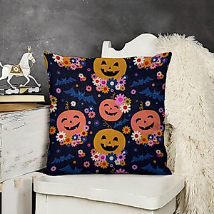 Halloween Pumpkins Flowers Pillow Covers 18x18 Colorful Autumn Pillowcase Set of 2 Linen Throw Pillow Covers Decorative Square Pillow Cases Standard Size for Home Couch Sofa Bed Pillow Protector