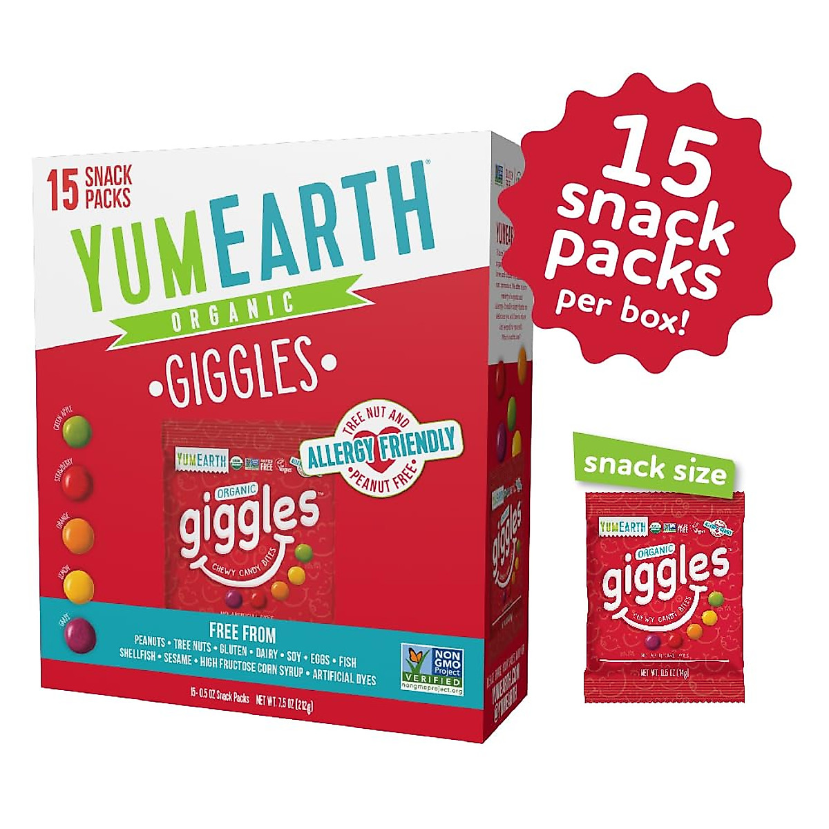 YumEarth Organic Giggles Chewy Candy – Allergy Friendly, No Artificial Dyes, Non GMO, Gluten Free, Fruit Flavored, Vegan Candy Snacks with No Artificial Flavors, 0.5 oz (Box of 15)​