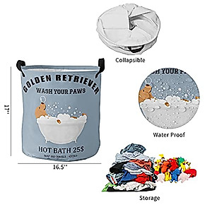 Funny Animal Large Laundry Hamper Collapsible 16.5x17inch, Waterproof Freestanding Clothes Basket with Handles for Kids Room Dorm Storage - Golden Retriever Dog Taking a Shower
