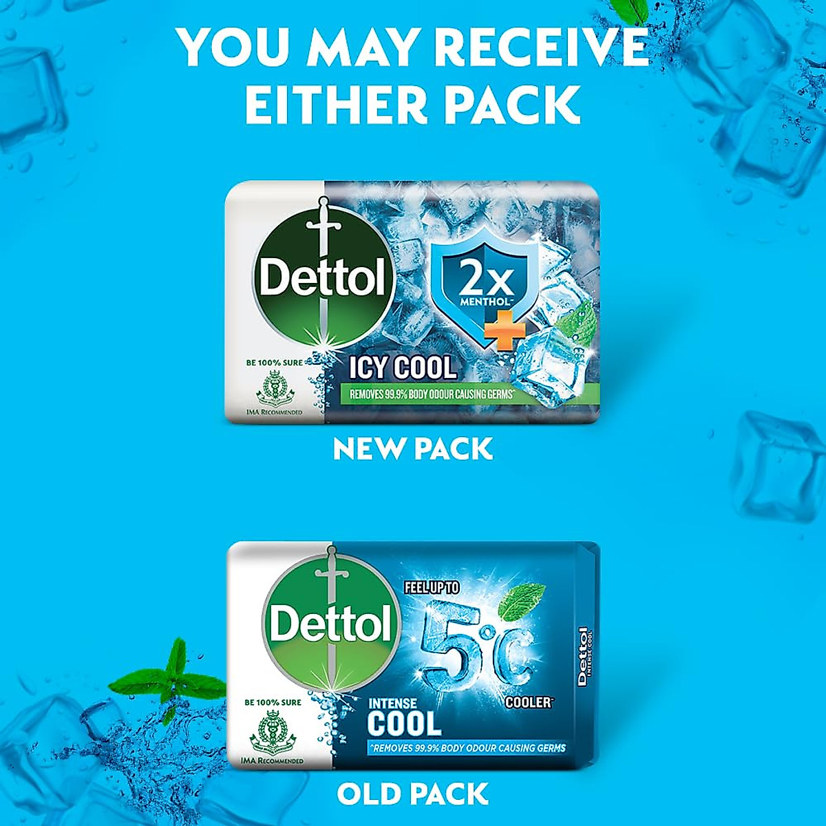 Dettol Icy Cool 2X Menthol Soap Bar 125g (4.40 Ounce) | Pack of 5