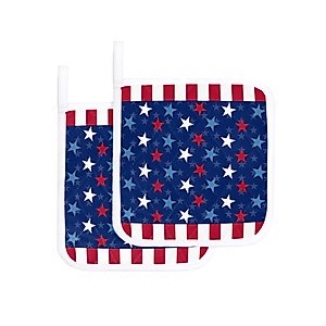 Memorial Day 2 Pack Pot Holders Heat Insulation Hot Pads, USA Patriotic Star Washable Oven Pot Holder Set for Kitchen Blue Red White Stars Potholders for Baking Cooking Dining Table