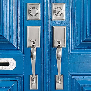 Natsukage Front Door Handle Double Door Lock Set Satin Nickel Entrance Handle Set with Dummy Heavy-Duty Adjustable Handle Sets with Deadbolt and Lever Handle Reversible for Right & Left Handed