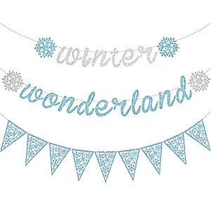 Gersoniel 3 Pieces Snowflake Winter Wonderland Banner Snowflake Paper Garland Snowflake Hanging Banner Silver Glittery Snowflake Decorations for Snow Christmas Wedding Birthday Party (Blue, Silver)