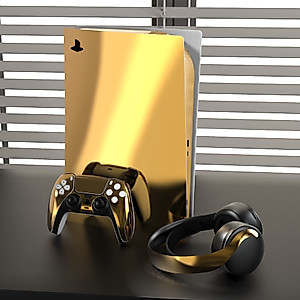 PlayVital Chrome Gold Glossy Full Set Skin Decal for ps5 Console Disc Edition, Sticker for ps5 Vinyl Decal Cover for ps5 Controller & Charging Station & Headset & Media Remote