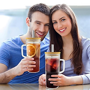 HMJIA Glass Cup with Lids and Straws 24oz/700ml Mason Jar Drinking Glass with Handle Straw Brush Cup Brush for Water Iced Tea or Coffee (2)