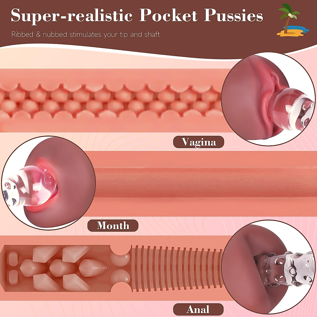 Sexy Slave Sex Toys Male Pocket Pussies Sex Toy - Trio Pack of 3 Mouth Sex Doll, Vagina Blowjob Male Masturbator, Anal Flesh Light, Silicone Stroker for Mens Pleasure, Consoladores Sex Toys for Men