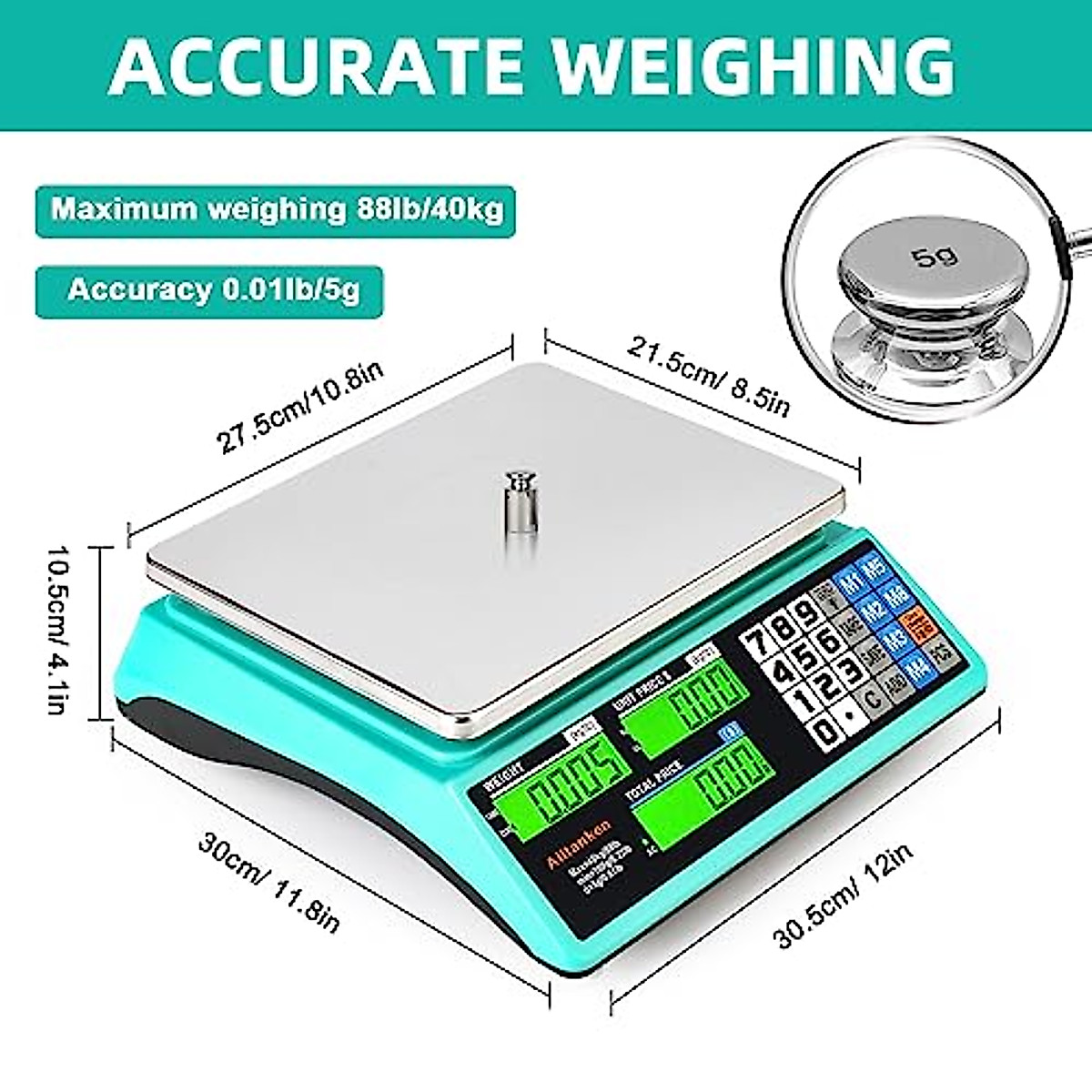 Price Computing Scale 88lb/40kg Commercial Food Scale for Produce Meat Weighing with with Price Calculator, Accurate Counting and Dual LCD Display for Farmers' Markets Retail Deli Meat Shops