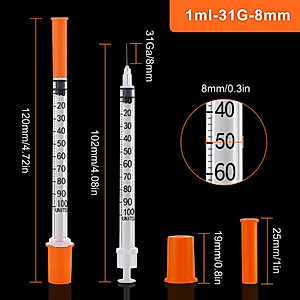 31g 1cc 5/16 Inch-8mm Syringes Compatible U-100 Accurate Measuring for Liquid Individually Sealed Packaging (Pack of 20)