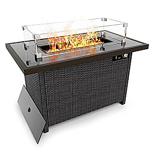 Outdoor Fire Pits,PAMAPIC Propane Fire Pit Table with Glass Wind Guard,42 Inch 50,000 BTU Auto-Ignition Outdoor Fire Tables for Garden Patio Backyard Deck Poolside
