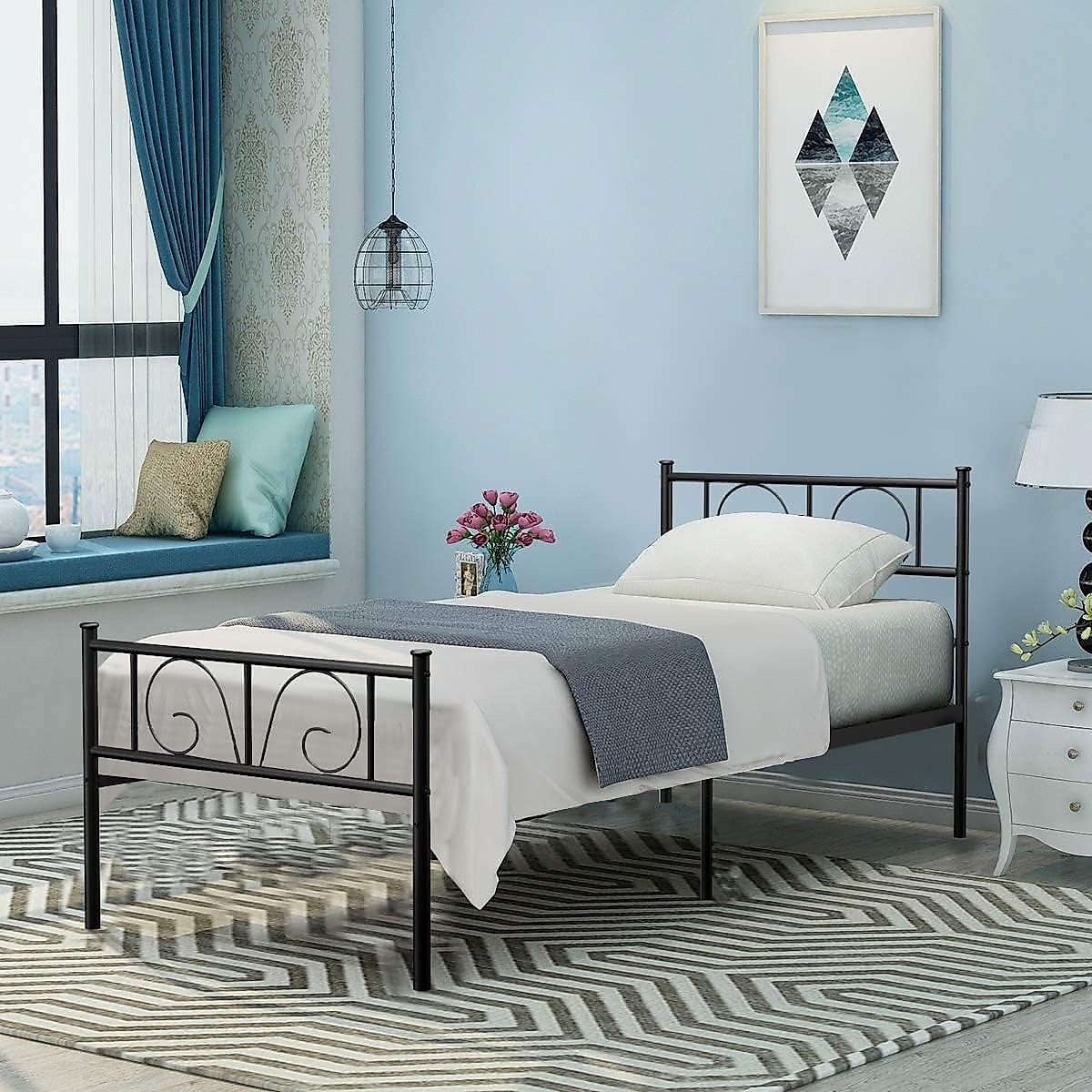 Twin Bed Frames Black for Boys Teenagers Adult, Single Platform Steel Bed Frame with Storage Girls Twin Size Beds Mattress Foundation Metal Slats Support with Headboard Footboard No Box Spring Needed