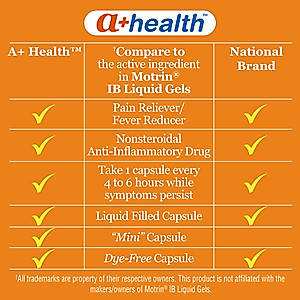 A+Health Dye-Free Ibuprofen 200 Mg Mini Softgels, Pain Reliever/Fever Reducer (NSAID), Made in USA, 180 Count