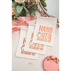 MEJOY 10pcs Wedding Party Favor Bags,Rose Gold Foil Gift Bags,HANGOVER Bags, Hangover Kit Bags for Bridal Shower Bachelorette Recovery Kit Bags Cotton Muslin Drawstring Bag (ROSE RING, 5"x7")
