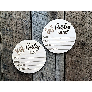Personalized Wood Baby Name Announcement Sign, Newborn Birth Stats Photo Prop Sign, Butterfly Nursery Name Plaque (8 inches)