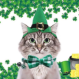 STMK 2 Pack St. Patrick's Day Plaid Cat Collars with Bow Tie Bell Shamrock, Breakaway Adjustable Plaid Cat Collars with Bowtie Bell Shamrock for Cats Kittens