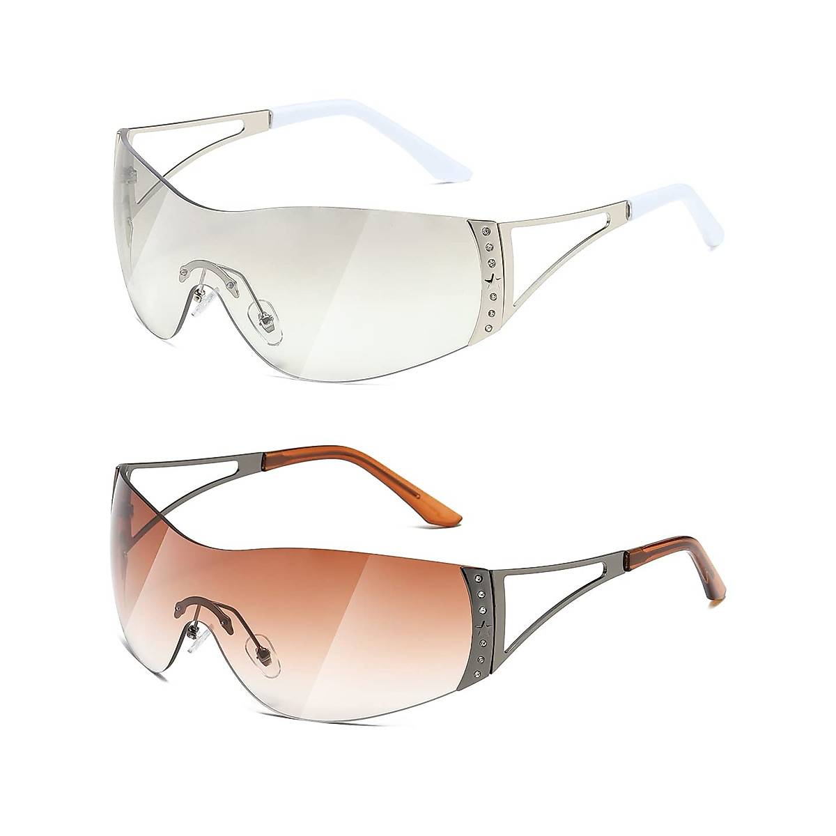 TIANYESY Y2K Sunglasses For Women Men Fashion Shield Rimless Wrap Around Sunglass Gradient Lens Trendy Oversize Sun Glasses (Silver+Gradual Tan)