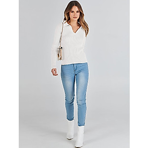 ANRABESS Women's 2024 Fall V Neck Shirts Long Sleeve Ribbed Knit Sweater Lapel Slim Fitted Casual Basic Tee Tops White Small