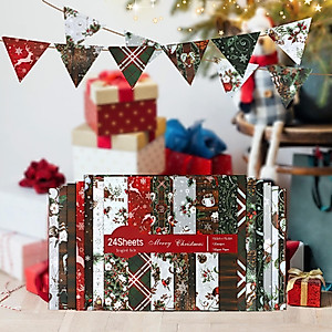 PUIKSXER 6"x6" Merry Christmas Scrapbook Paper Pad, 24 Sheets Plaid Snowflake Deer Pinecone Wood Texture Pattern Paper Single-Sided Holiday Craft Paper for Junk Journal Card Making Album Party Decor