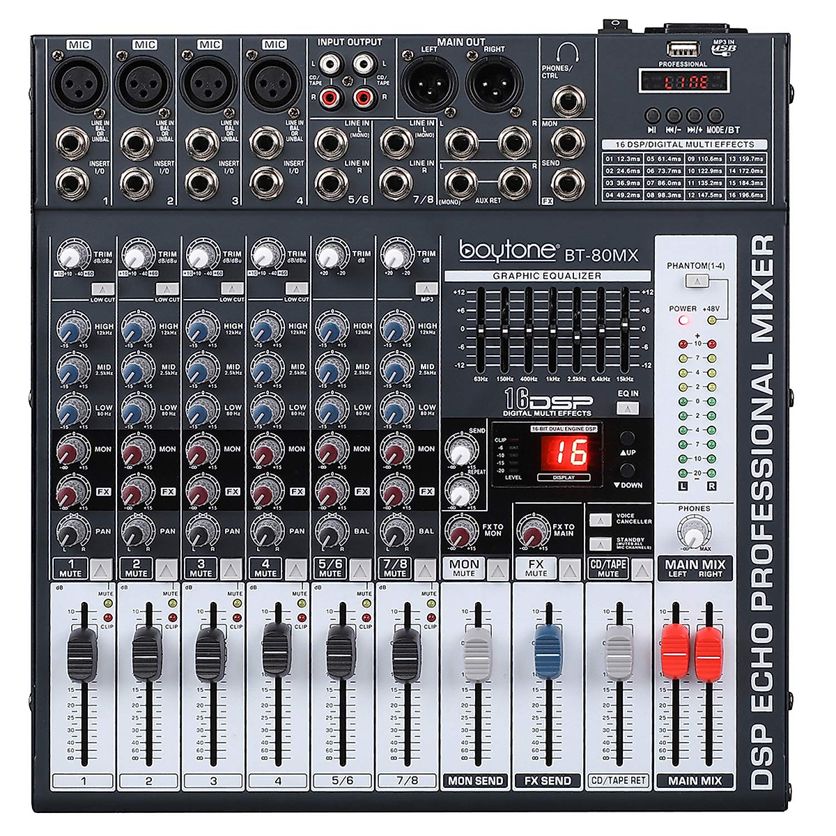 Boytone BT-80MX, 8 - Channel Bluetooth Audio Mixer - DJ Sound Controller, USB MP3 Player, 4 XLR Microphone Jack, 7 Band EQ, 16 BIT Digital Multi FX Processor, RCA IN-OUT Jack, 48V Phantom Power