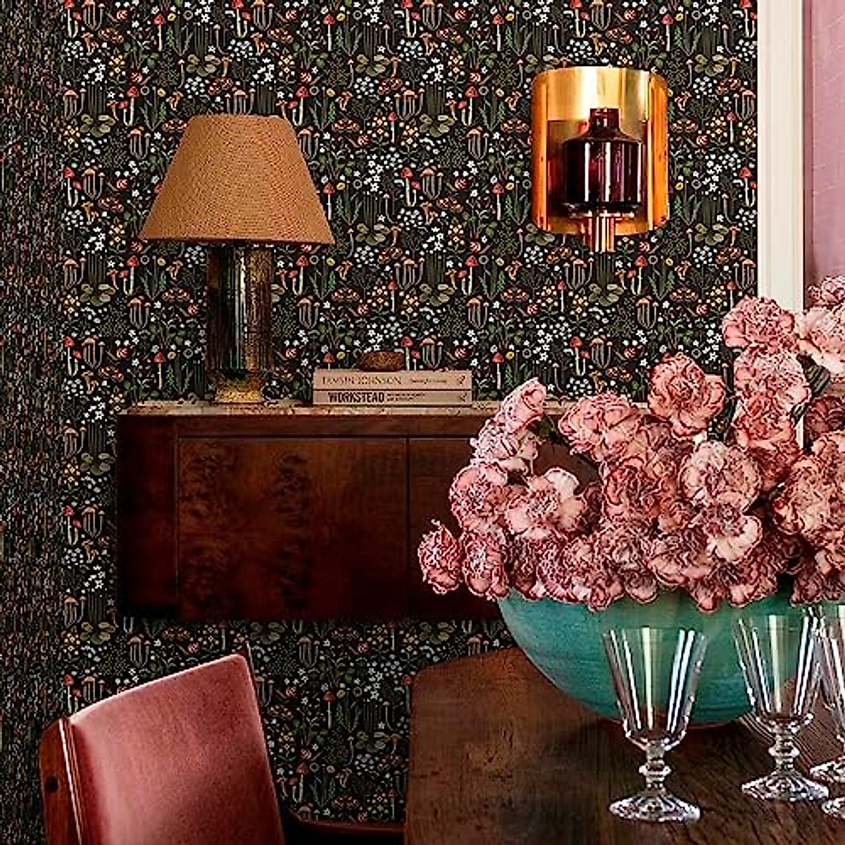 BEETAL Fairytale Forest Boho Mushroom Peel and Stick Wallpaper Dark Black Esay Peel Off Contact Paper Vintage Self Adhesive Removable Stick on Wall Paper for Kitchen Cabinet Furniture Renter Friendly