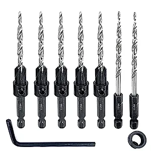 Saipe 5pcs Wood Countersink Drill Bit Set with 2pcs Counter Sinker Replacement Tapered Drill Bit All Same Size 11/64" Quick Change Hex Shank Screw Drill Counter Sink Bit for Drilling Pilot Hole