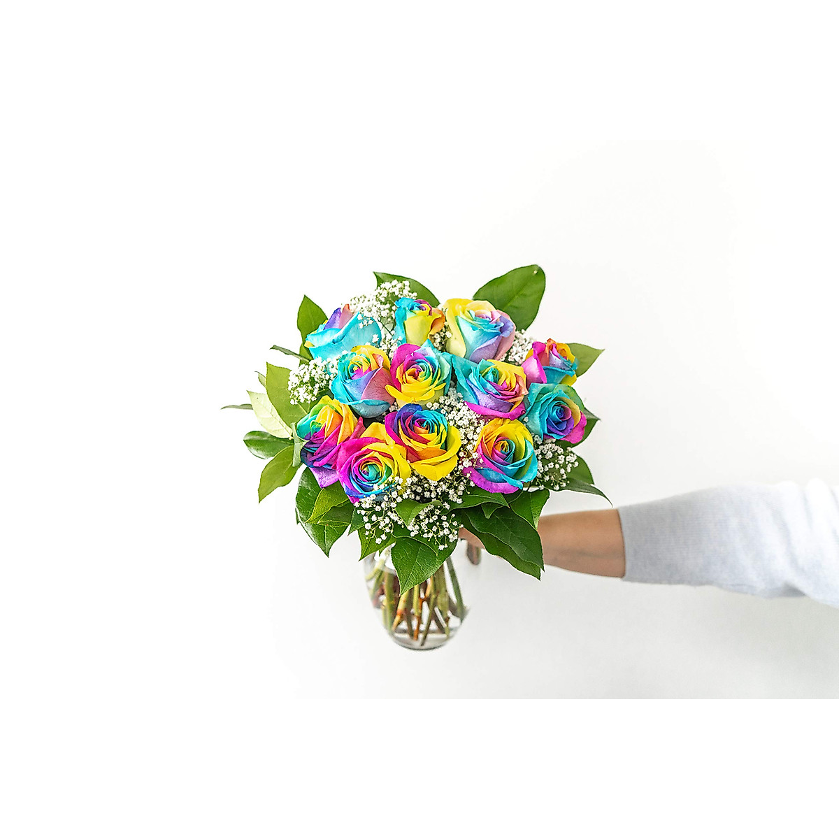From You Flowers - One Dozen Wild Rainbow Roses with Glass Vase (Fresh Flowers) Birthday, Anniversary, Get Well, Sympathy, Congratulations, Thank You