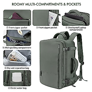 Beraliy Travel Backpack for Men Women, Airline Approved Personal Bag,17 Inch Laptop Backpack, Carry On Backpack for Hiking Overnight with USB Charging Hole, Olive-green