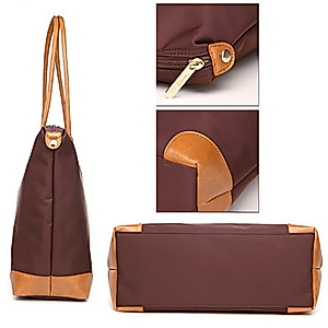 NNEE Nylon Tote Bag With Faux Leather Trim & Multiple Pocket Design (Brown)