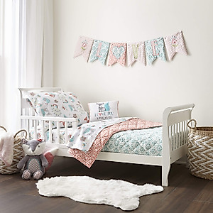 Levtex Baby - Fiona Toddler Bed Set - Pink, Aqua, White - Woodland Forest Theme - 5 Piece Set Includes Reversible Quilt, Fitted Sheet, Flat Sheet, Pillow Case, Decorative Pilow
