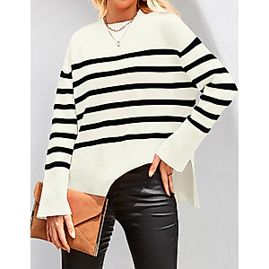 ZESICA Women's Fall Winter Striped Long Sleeve Crew Neck Ribbed Knit Side Slit Oversized Pullover Sweater Jumper Top,Beige,Large